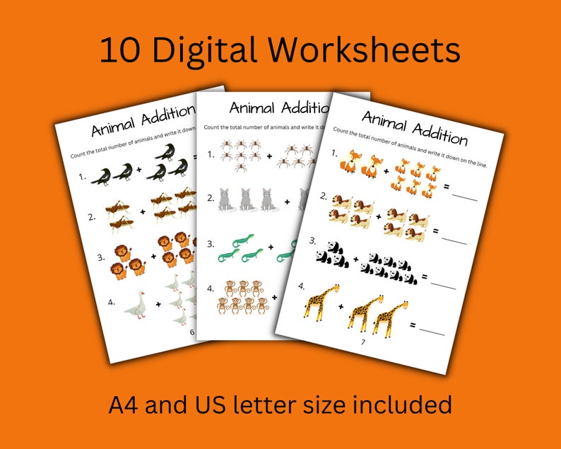 Animal Addition, Simple Addition for Kids, Math Printable, Ages 4-6, 10 ...