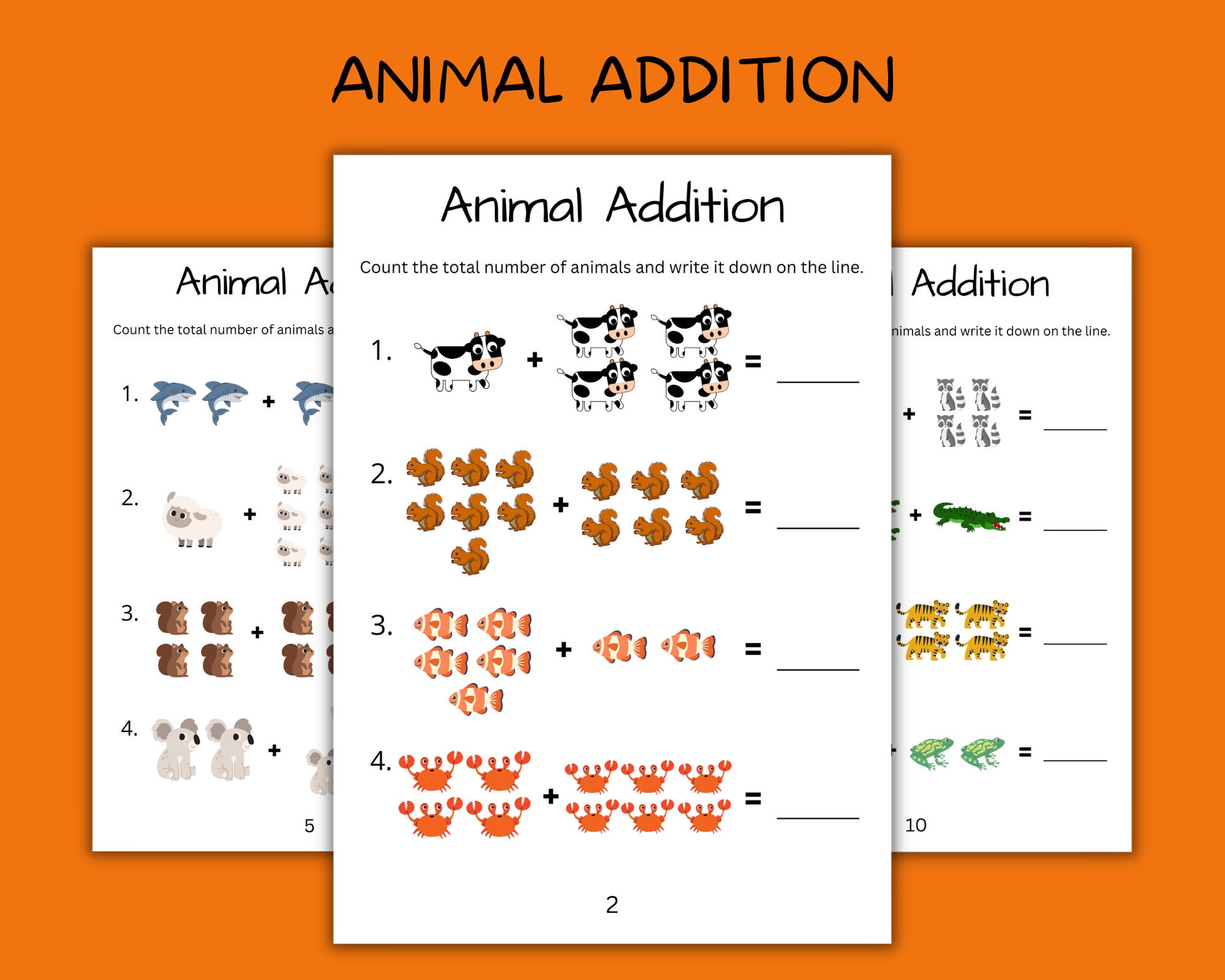 Animal Addition, Simple Addition for Kids, Math Printable, Ages 4-6, 10 ...