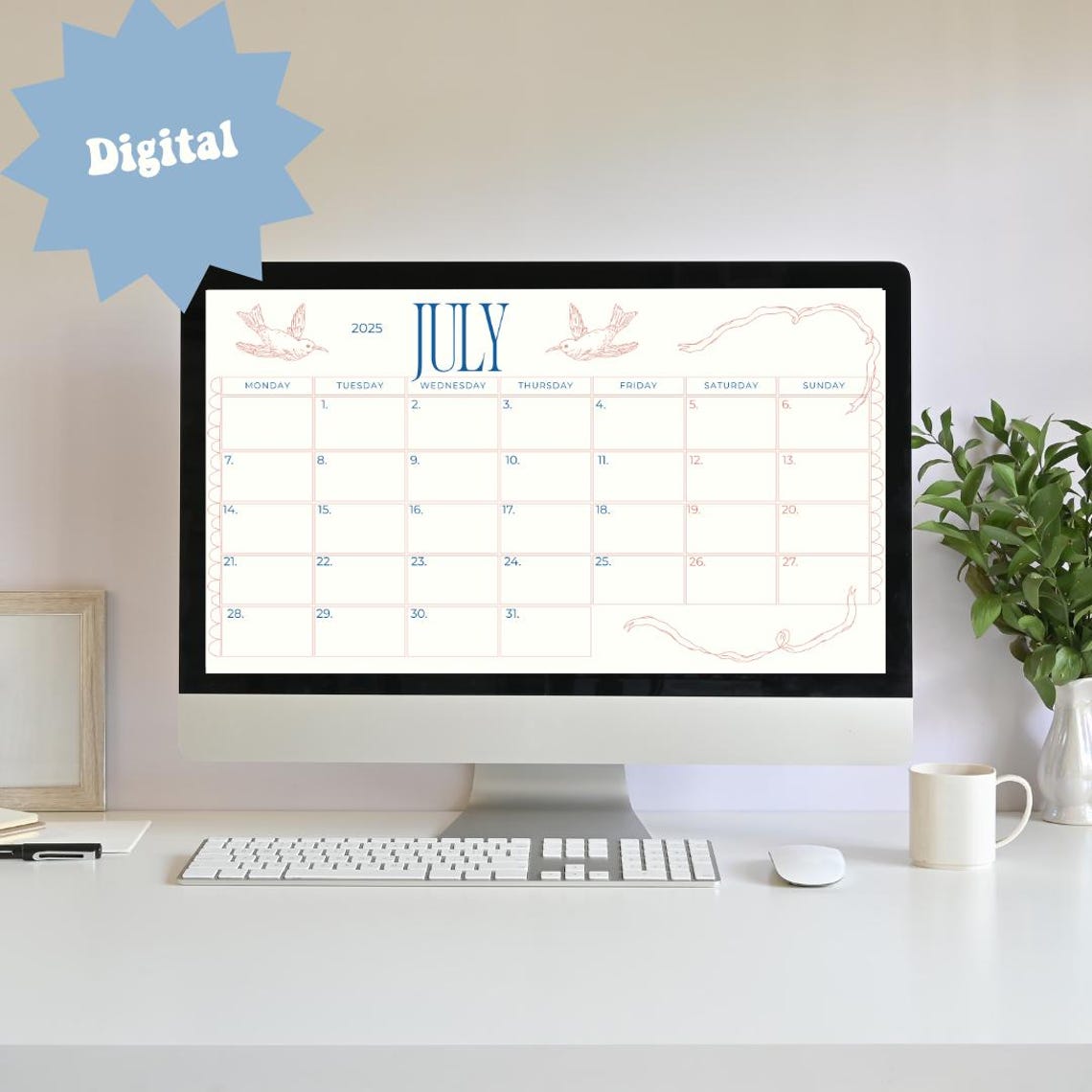 Editable July 2025 Calendar Printable | Retro Beach Illustrated Digital ...