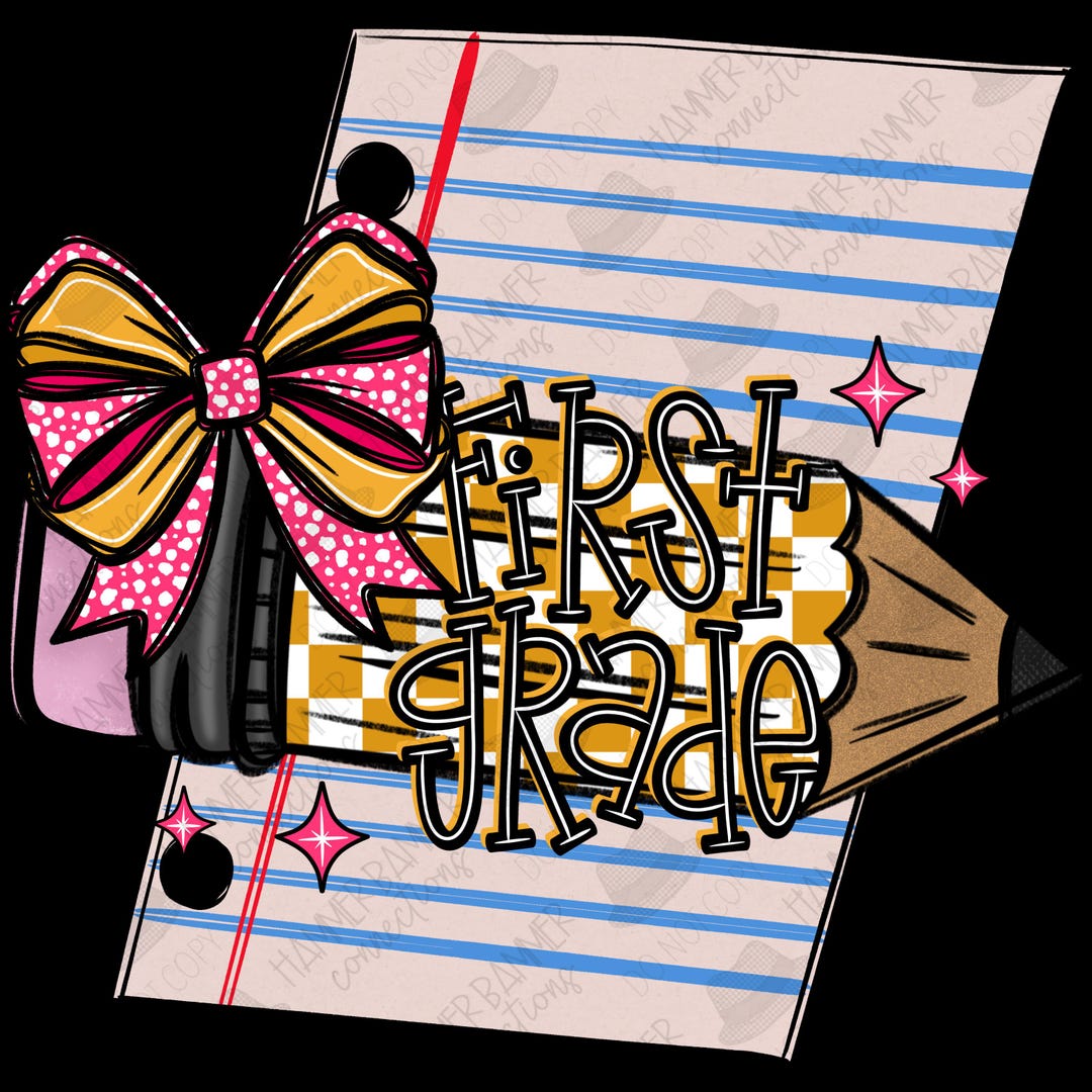 First Grade Pencil, Bow Notebook Paper, Back to School, Digital, Design ...