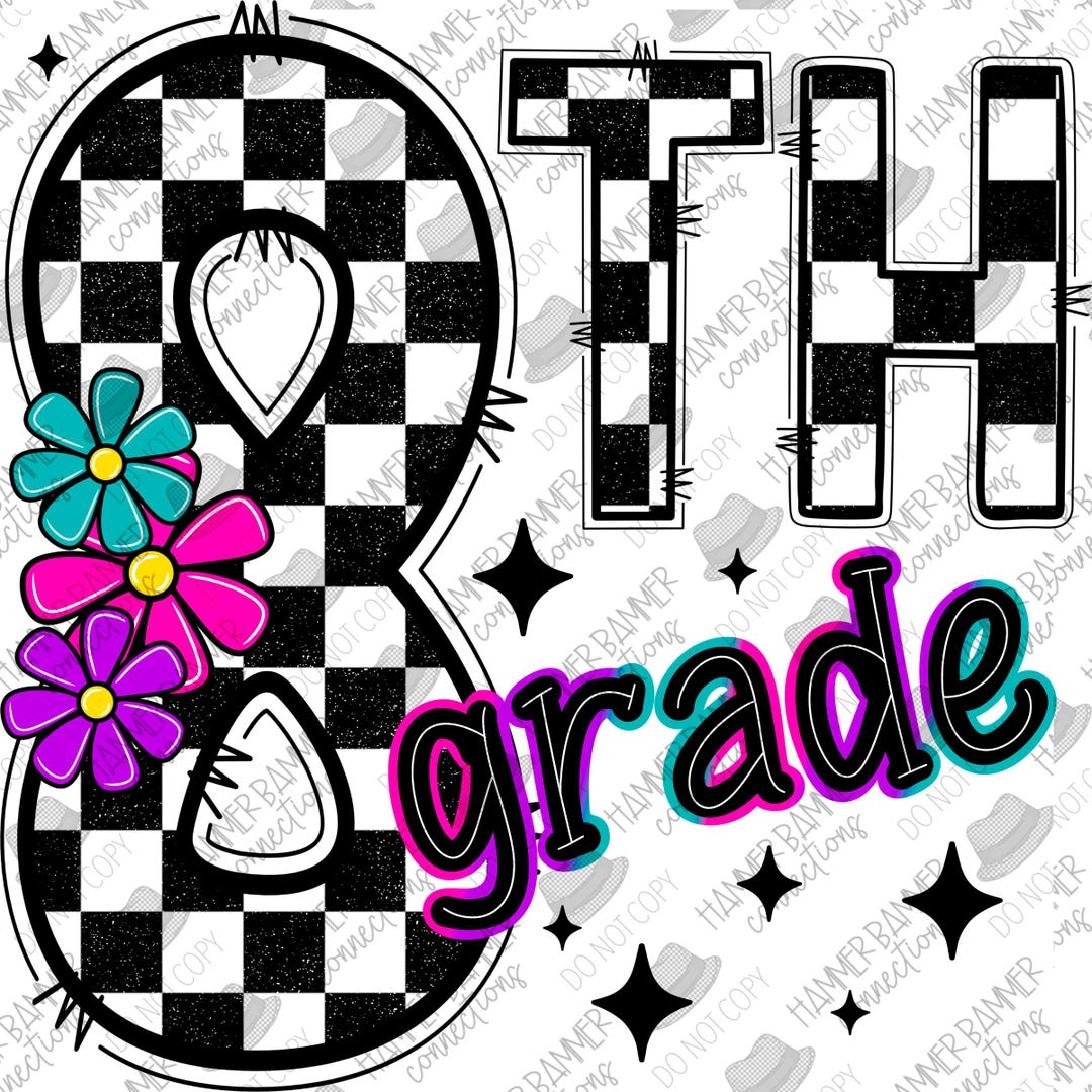 Eighth Grade Floral Checkered Stars, Back to School, Digital, Design ...