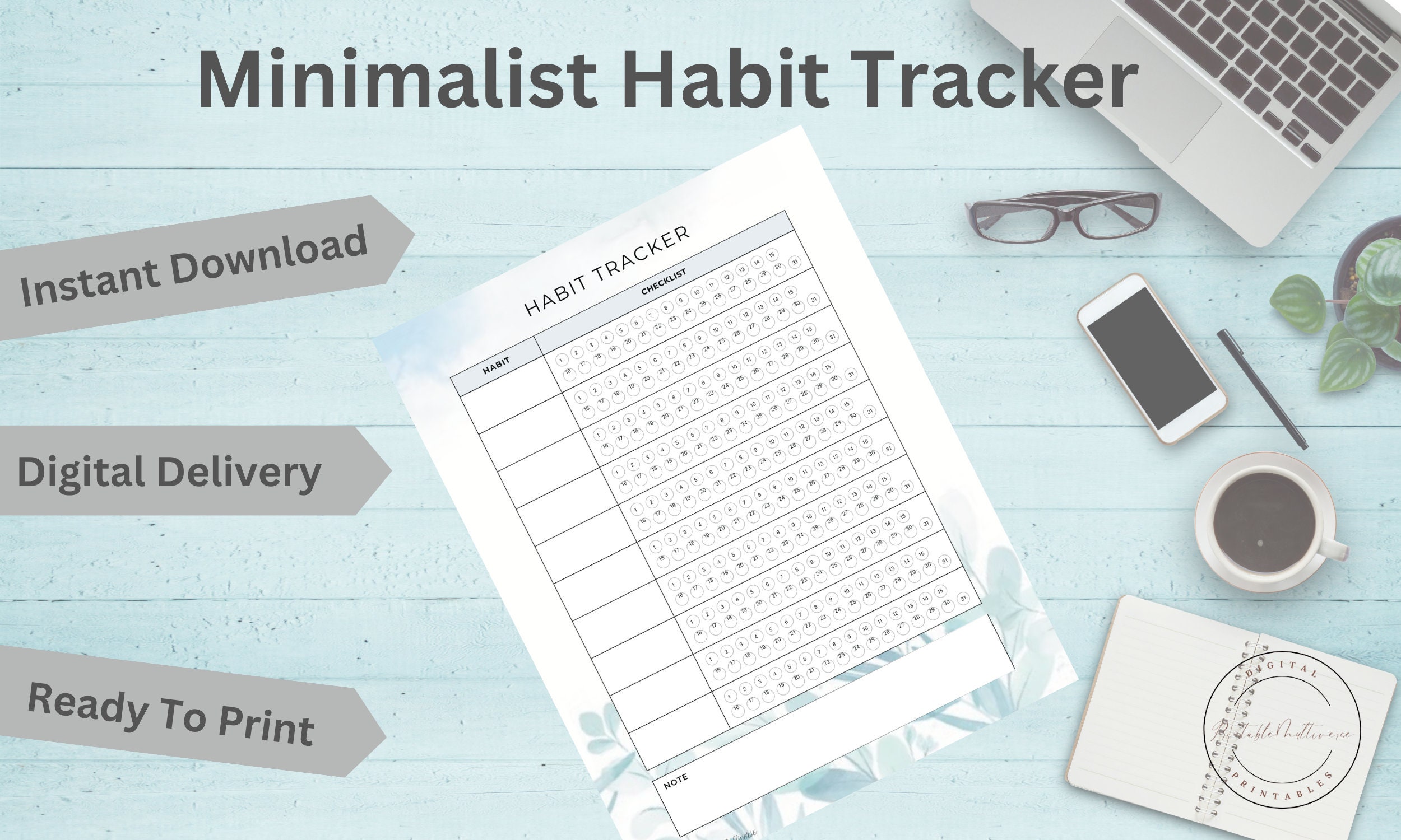 Minimalist Habit Tracker Printable Elegant Daily Goal Monitor, Instant ...