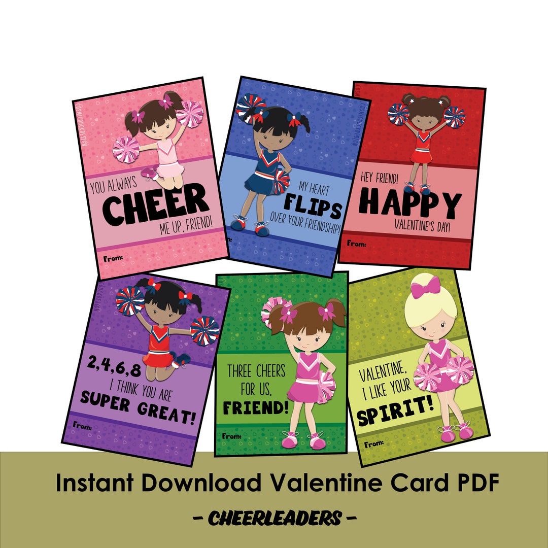 Cheerleaders Valentine's Day Cards, Download Valentines, Instant Download, Classroom Valentine ...