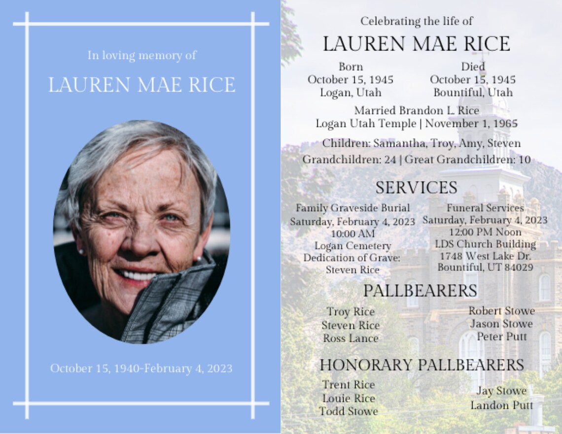 LDS Funeral Program | Editable Blue Template | Celebration of Life ...