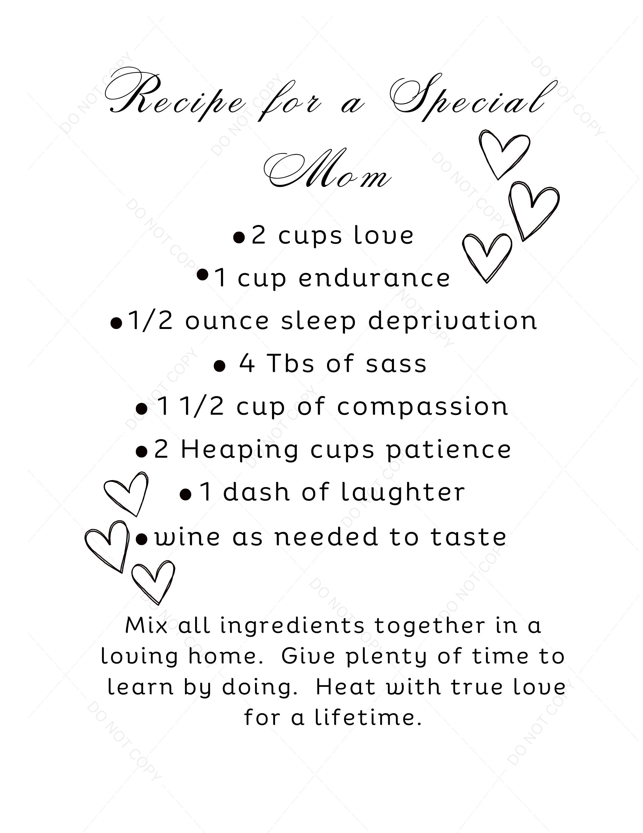 Recipe for a Special Mother - for All the Special Mom in Your Life - Etsy
