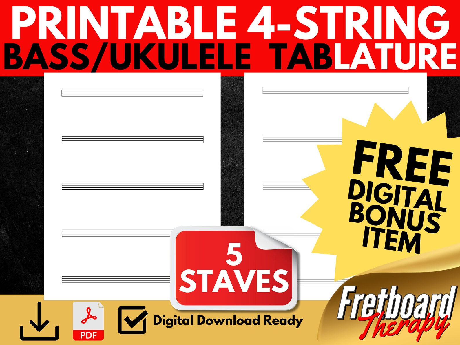 Printable Blank 4-string Bass Ukulele Guitar Tablature Notation 5 ...
