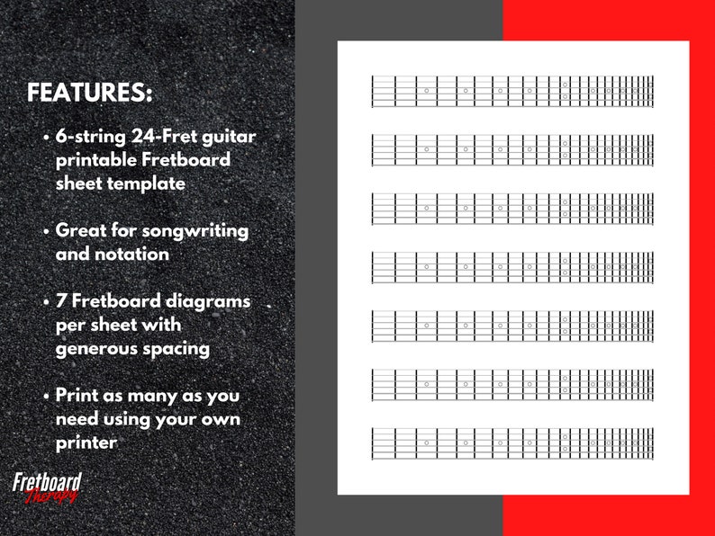 Printable 6 String Guitar Fretboard Notation Diagram Template Paper for ...