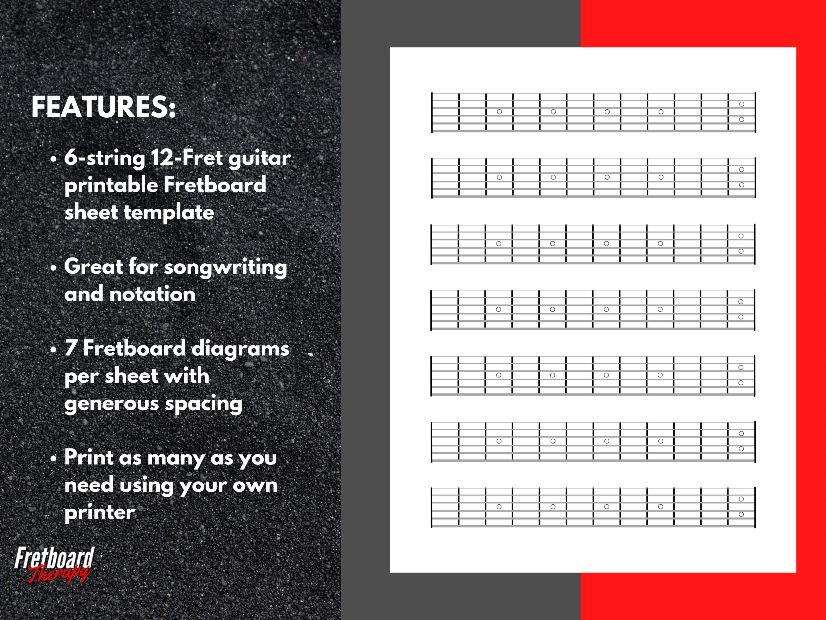 Printable 6 String Guitar Fretboard Notation Diagram Template Paper for ...