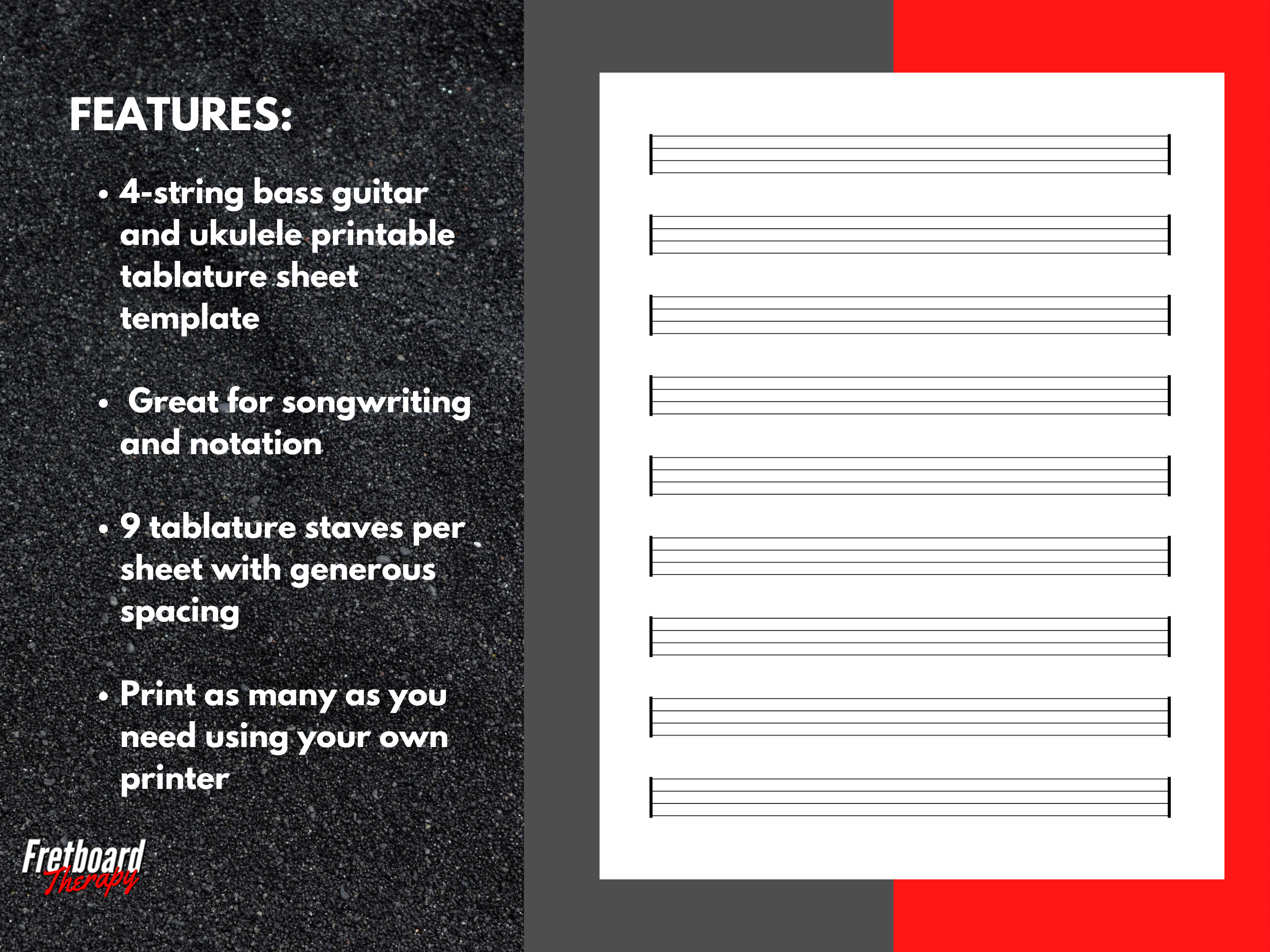 Printable 4 String Bass Ukulele Tablature Notation Diagram Template ...