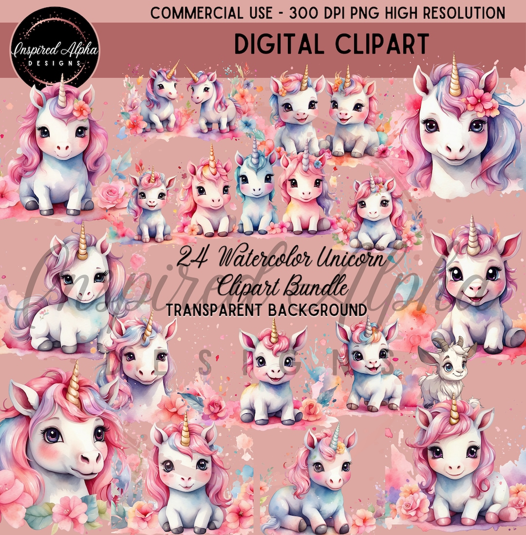 Watercolor Unicorn Clipart Bundle - 24 Designs, Commercial Use, Instant ...