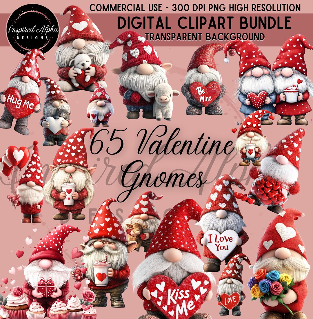 Valentine’s Gnomes Clipart Bundle | 65 Adorable Designs | Transparent ...