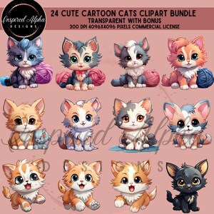 Cute Chibi Cartoon Cat Clipart Bundle | 24 Original Designs | High-res ...