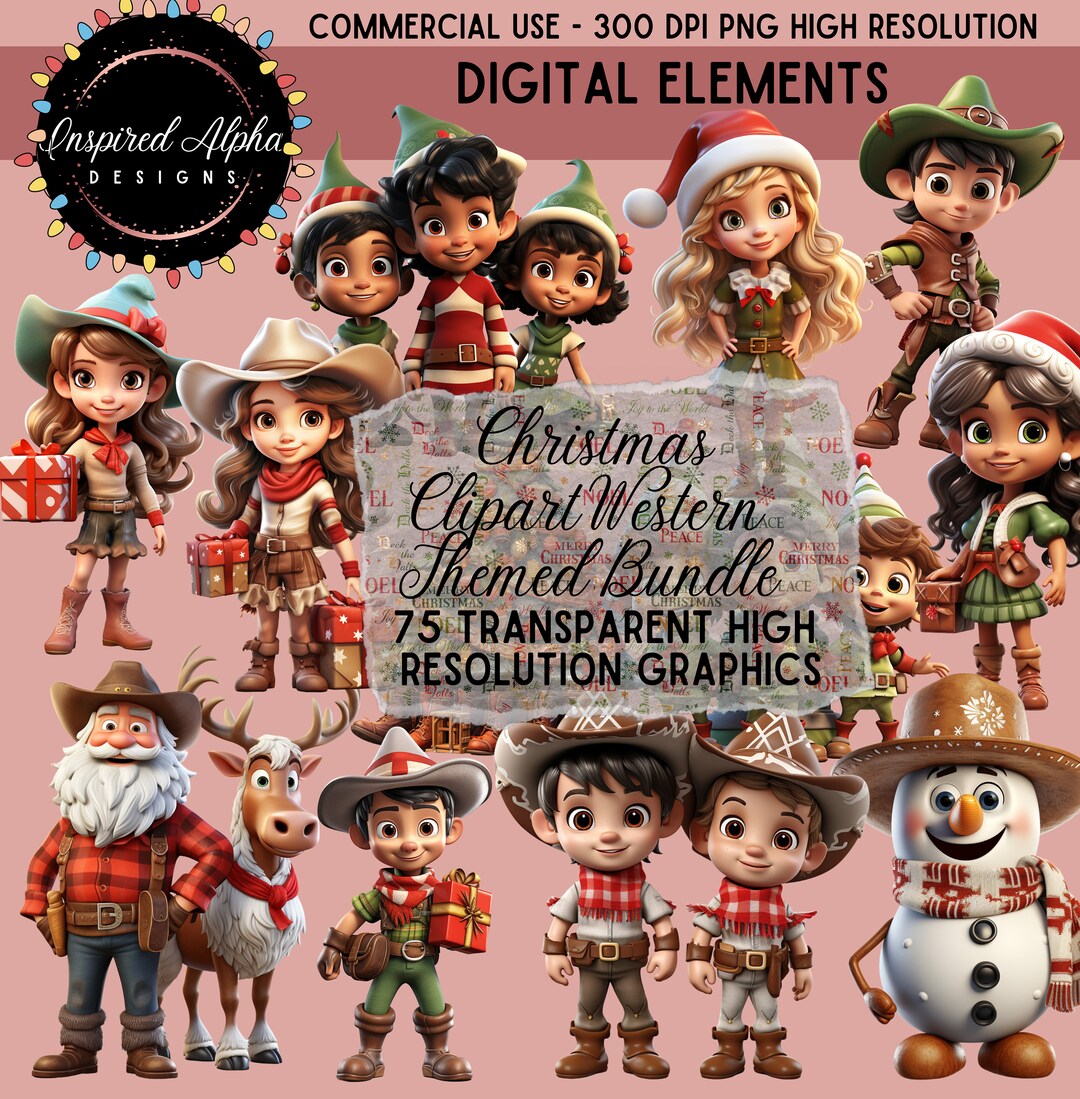 Christmas Clipart Bundle - 75 Western Themed PNG Files - Elves, Santa ...
