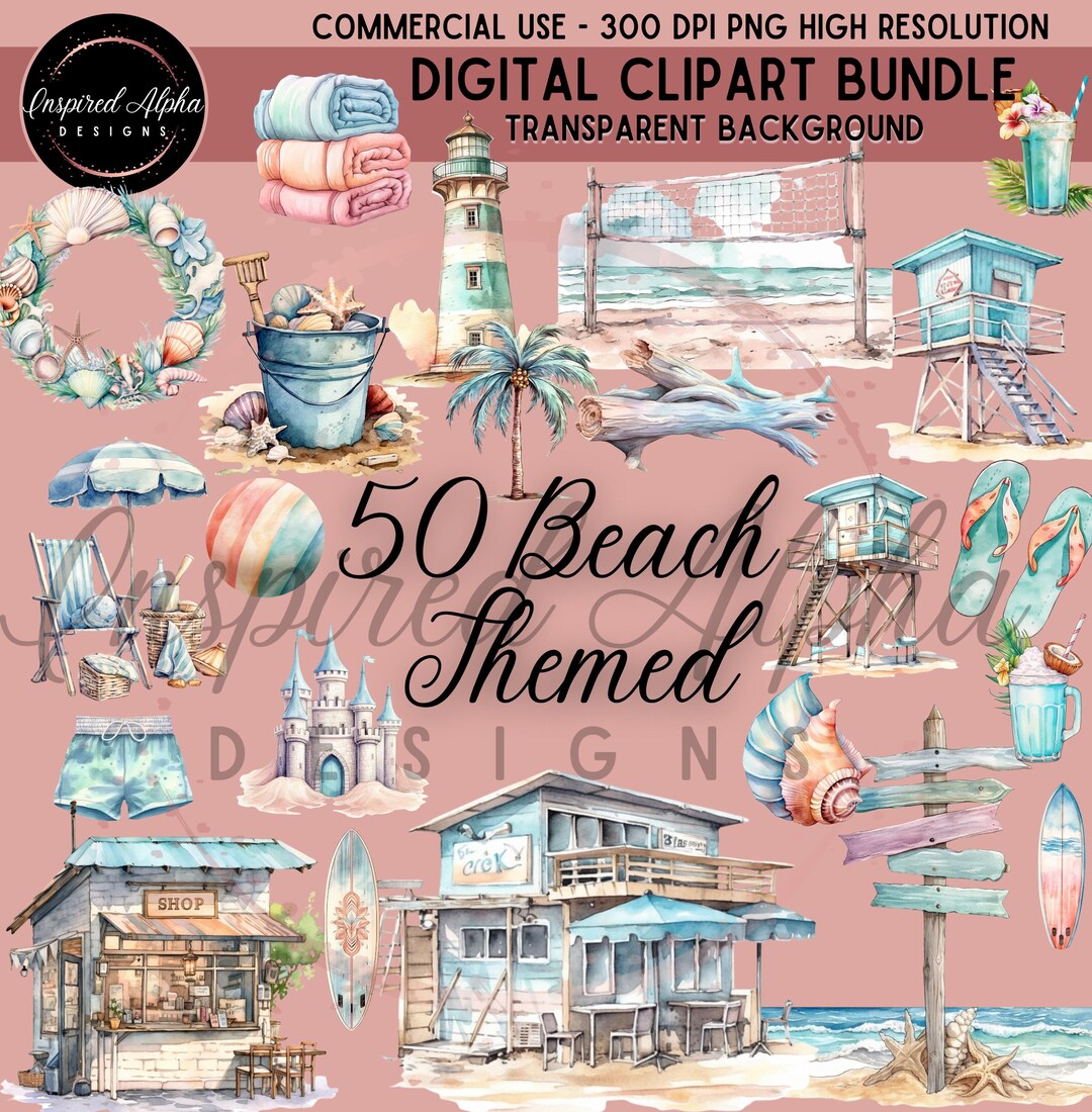 Beach Clipart Bundle | 50 Summer Elements | Watercolor Style | Boho ...