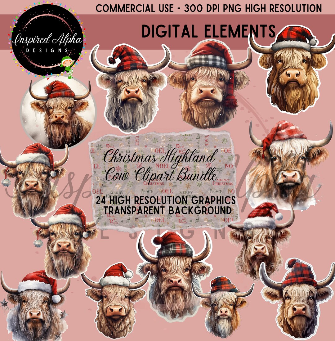Christmas Highland Cows Watercolor Clipart Bundle: 24 Unique Designs ...