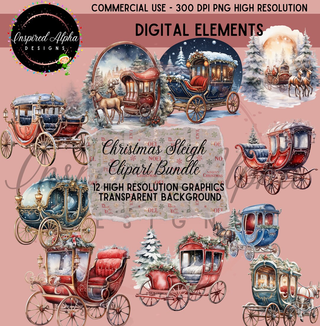 Watercolor Clipart Bundle of 12 Christmas Sleighs - High Resolution PNG ...