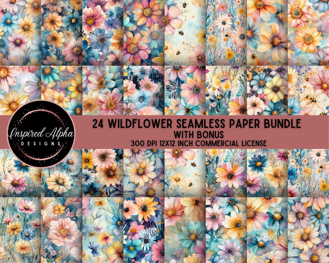 Watercolor Wildflower Digital Paper: Seamless Floral PNG Bundle ...