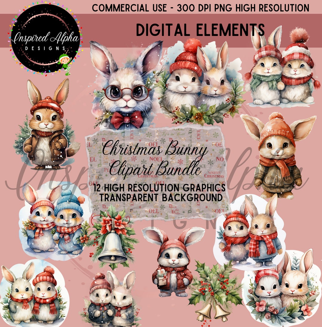 Watercolor Clipart Bundle of 12 Christmas Bunnies - High Resolution PNG ...