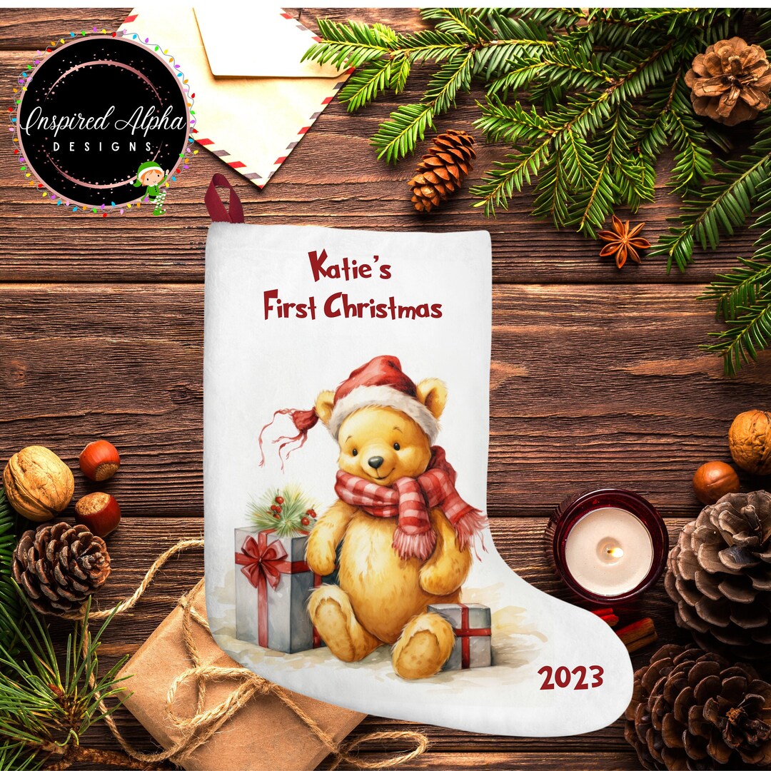Personalized Winnie the Pooh Burlap Christmas Stocking: Baby's First ...