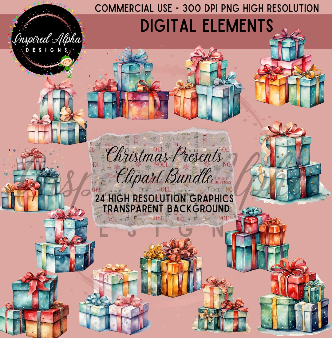 Watercolor Christmas Present Clipart Bundle - 24 Unique Designs, High ...