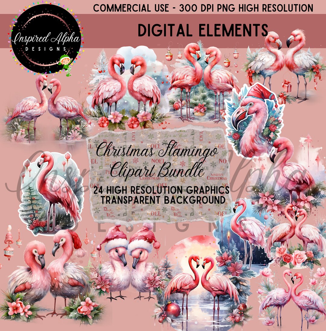 Watercolor Clipart Bundle of 12 Christmas Pink Flamingos - High ...