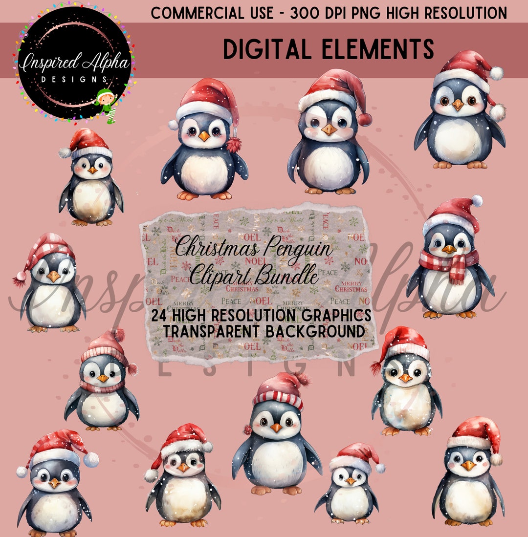 Christmas Penguins Watercolor Clipart Bundle - 24 Unique Penguin ...