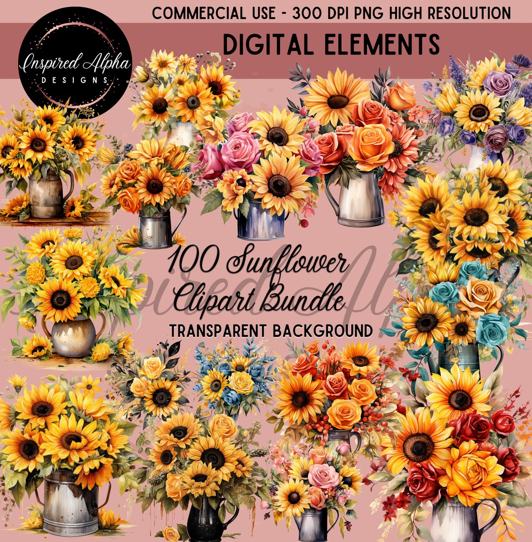 Watercolor Sunflower Clipart Bundle: 100+ Floral Designs (commercial ...