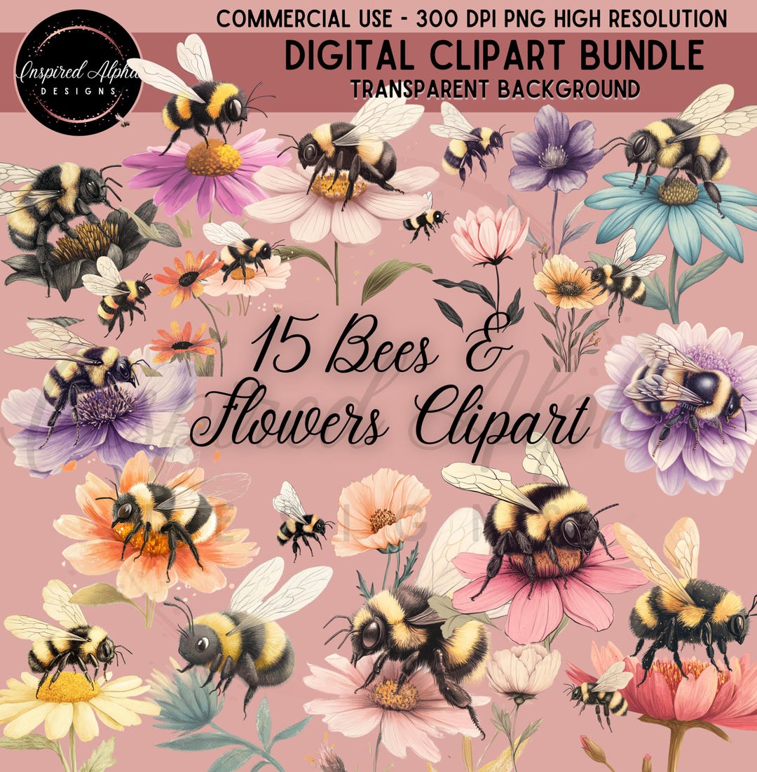 Bees and Flowers Clipart Bundle | 15 Vintage Cartoon Designs | PNG ...