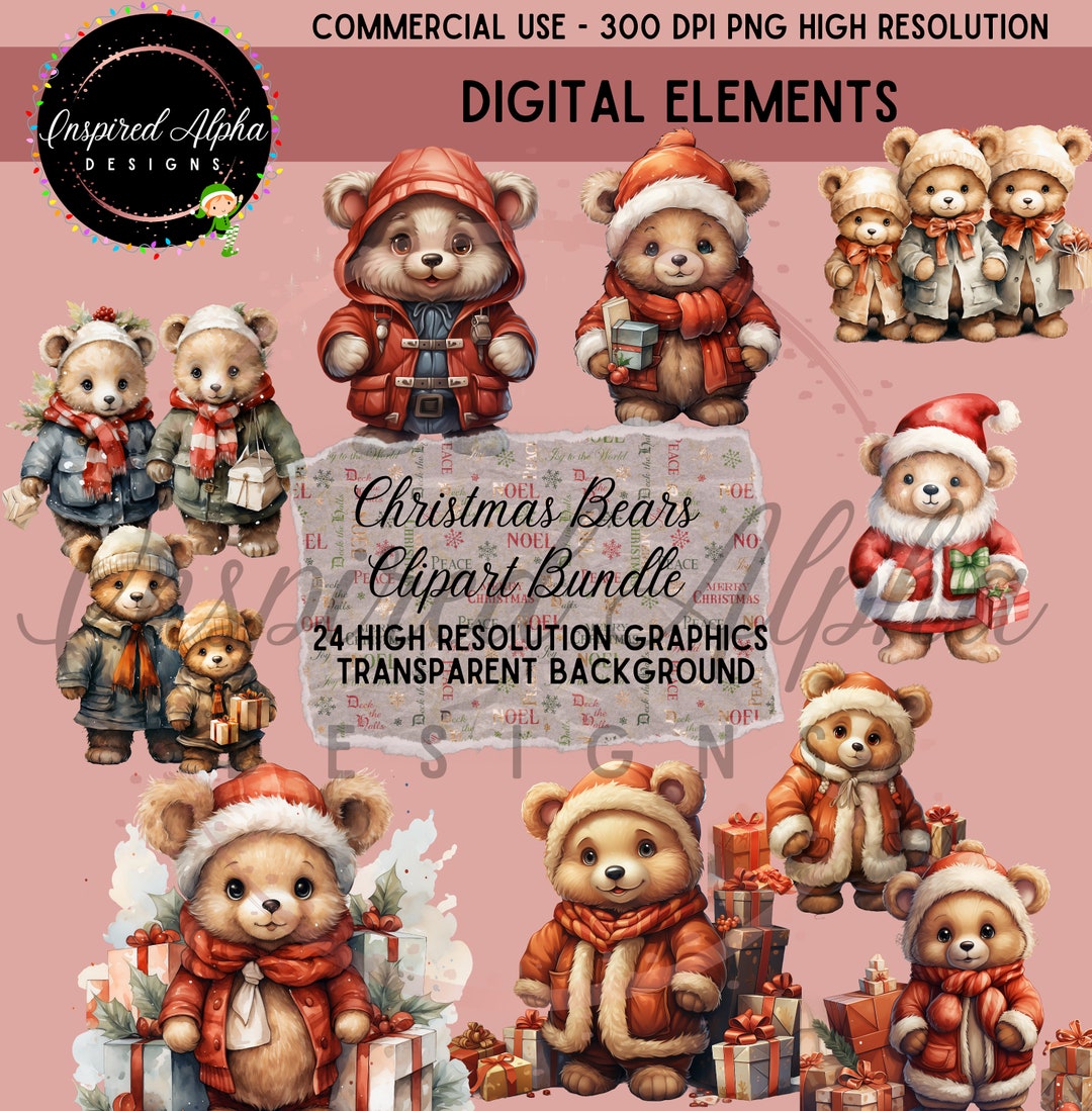 Watercolor Clipart Bundle of 24 Christmas Bears - High Resolution PNG ...