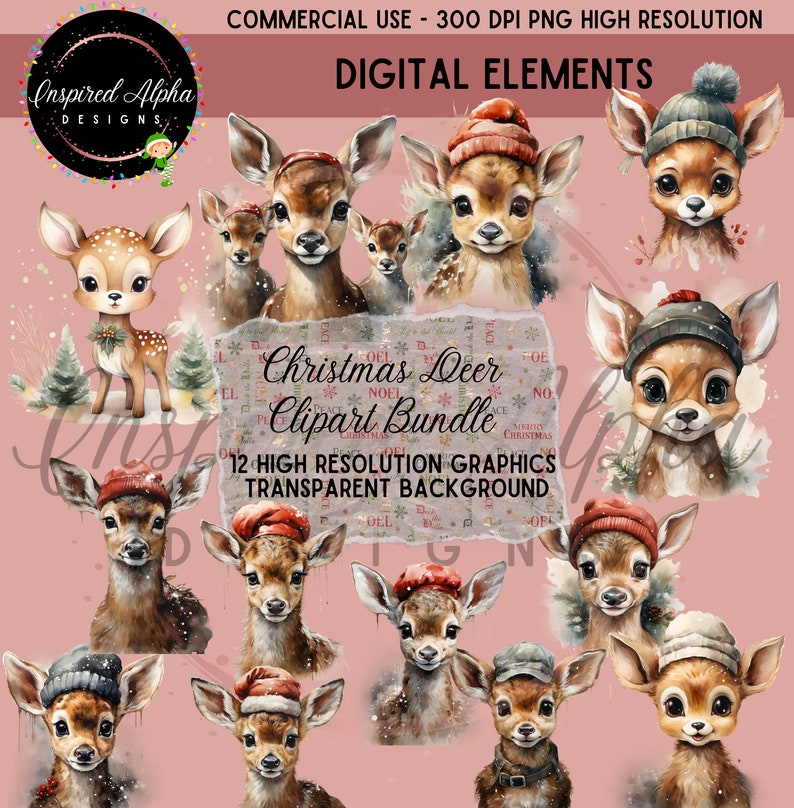 Watercolor Christmas Deer Clipart Bundle: High-resolution PNG (digital ...