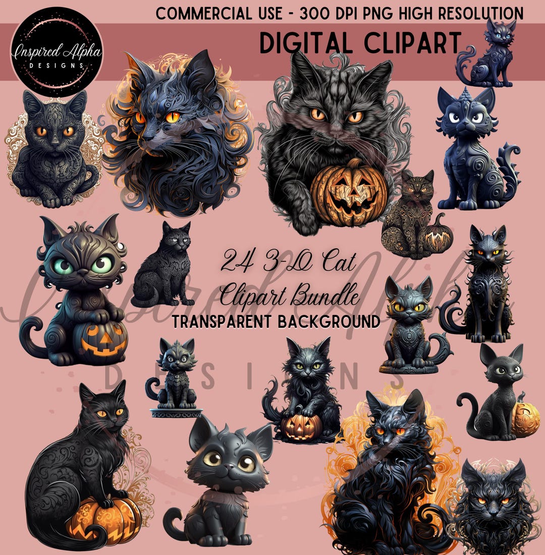 3D Black Cat Halloween Clipart Bundle: 24 PNG Files (commercial Use) - Etsy