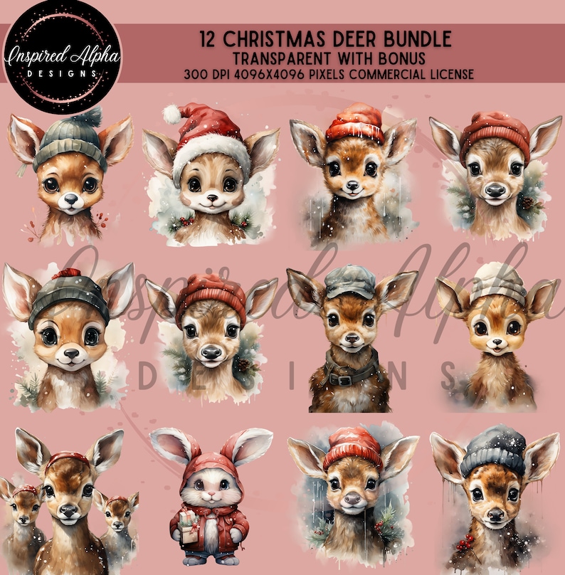 Watercolor Christmas Deer Clipart Bundle: High-resolution PNG (digital ...