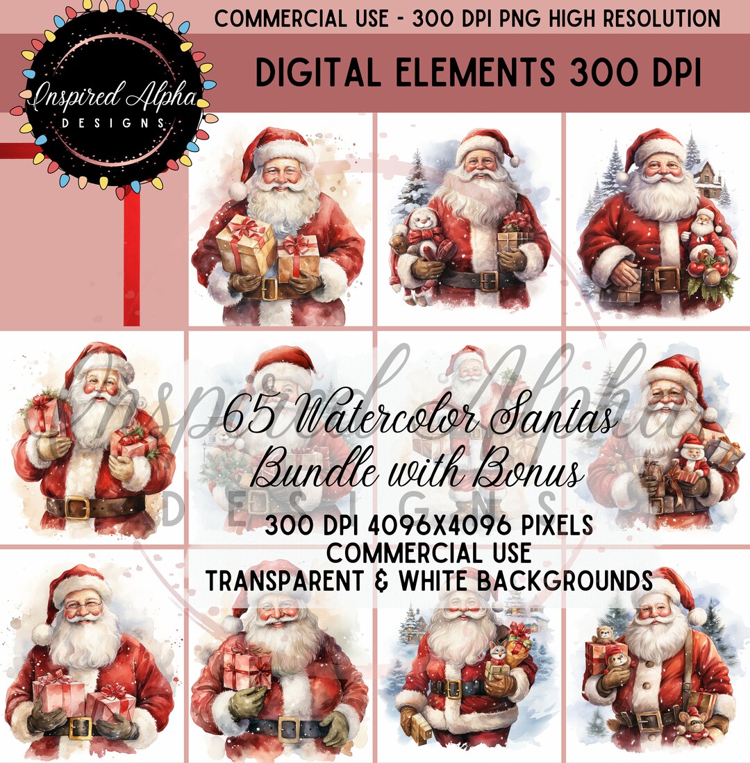 65 Watercolor Santa Claus Clipart Bundle: High-res Pngs, Commercial Use ...