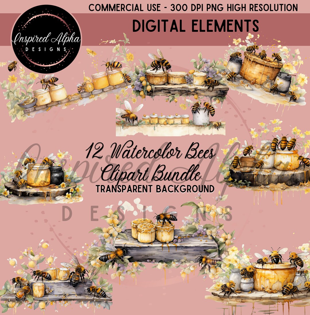 Watercolor Clipart Bundle of 12 Bees, Transparent Background ...
