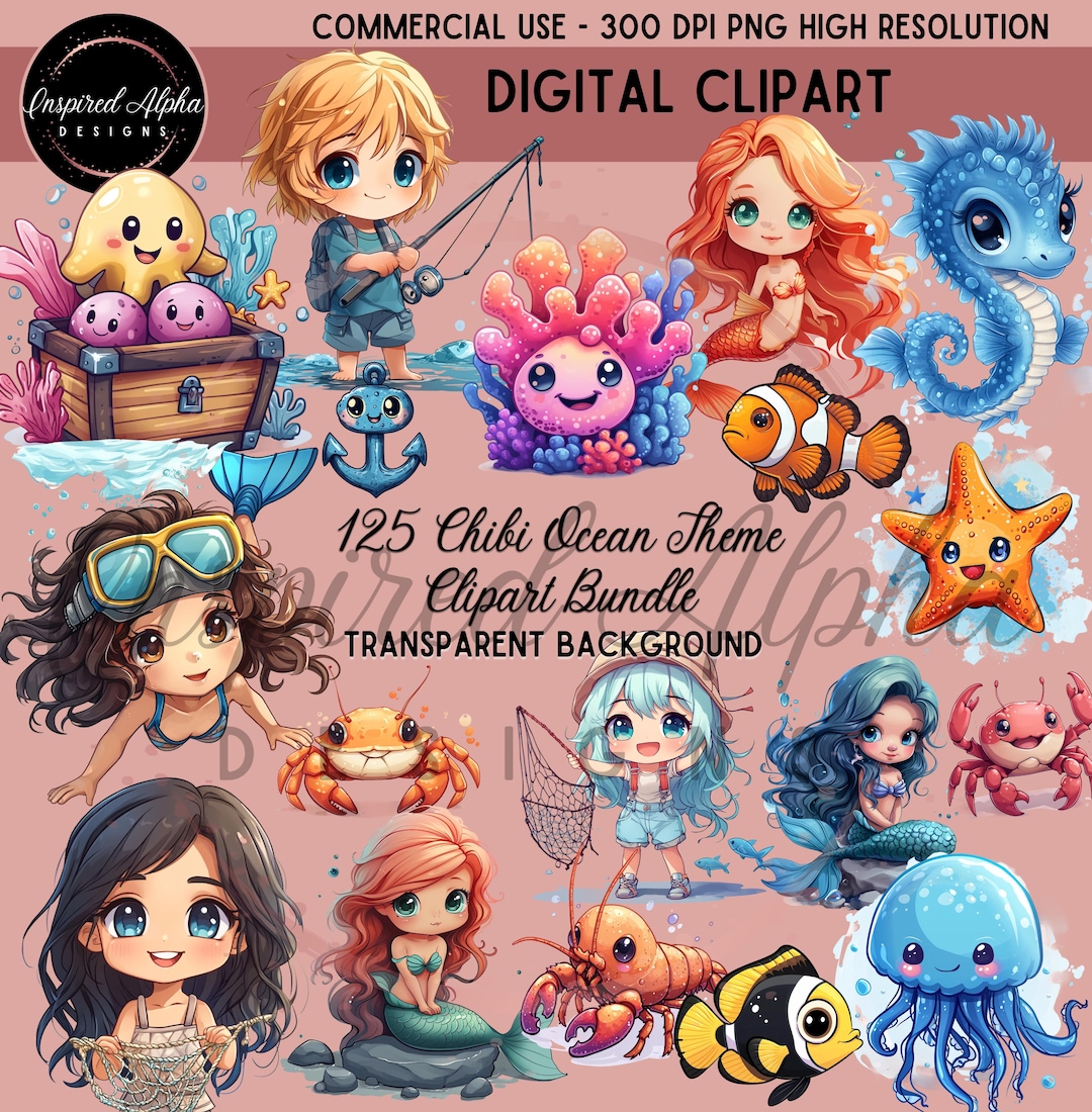 125 Chibi Ocean Themed Clipart Bundle - Sea Creatures, Mermaids, Under ...