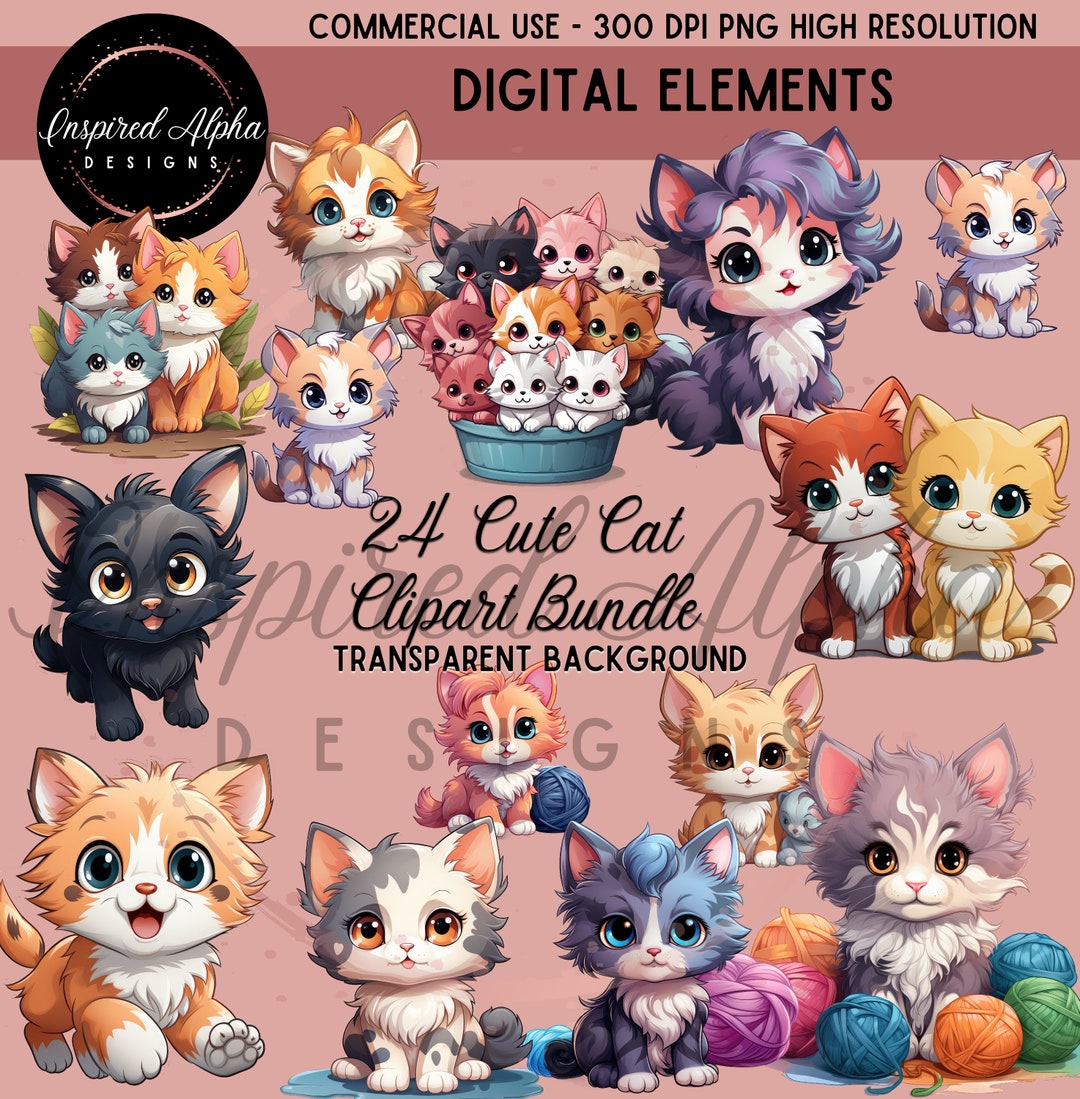 Chibi Cat Clipart Bundle | 24 Cartoon Designs (instant Download - Etsy