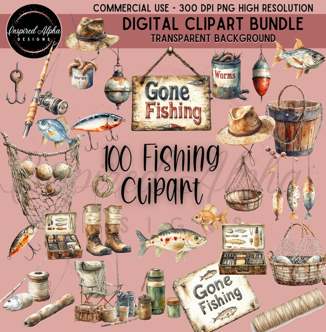 Watercolor Fishing Gear Clipart Bundle | 100 Rustic Outdoor ...
