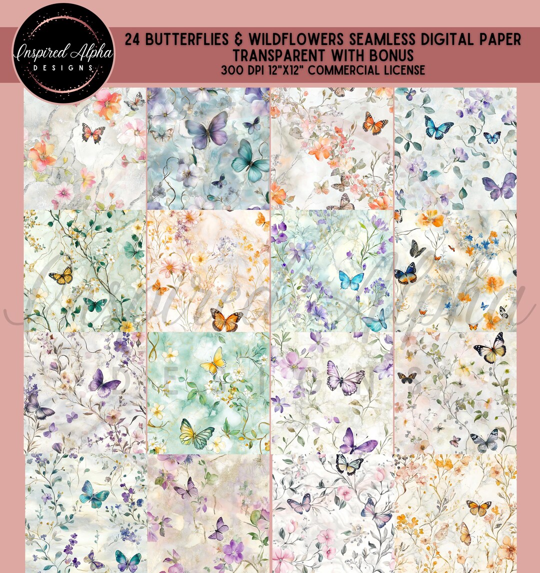 Seamless Watercolor Butterflies and Wildflowers Digital Paper Bundle ...