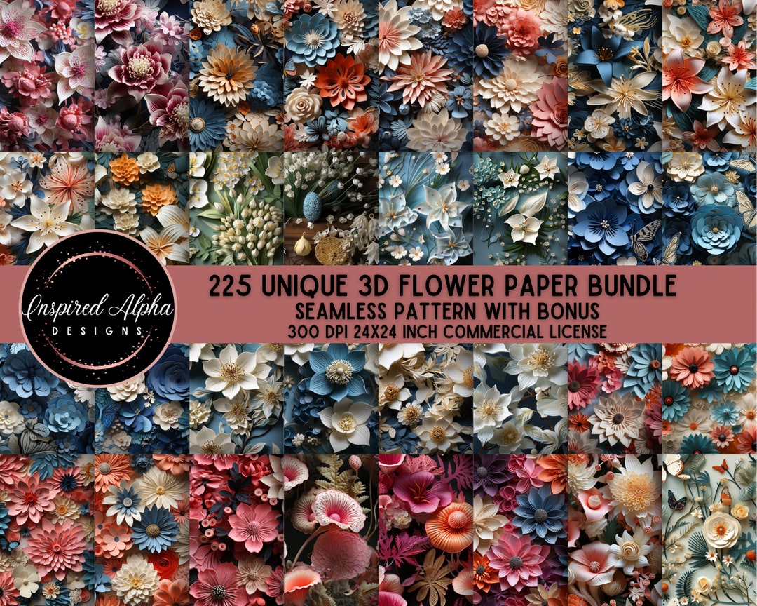 3D Floral Digital Paper: Seamless Flower Designs (24x24" PNG ...