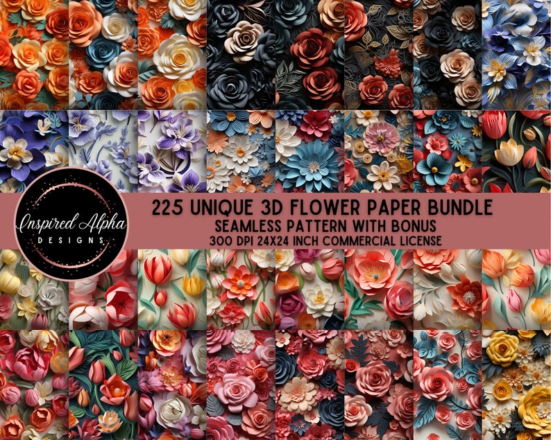 3D Floral Digital Paper: Seamless Flower Designs (24x24" PNG ...