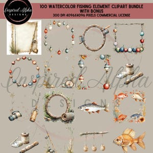 Watercolor Fishing Gear Clipart Bundle | 100 Rustic Outdoor ...