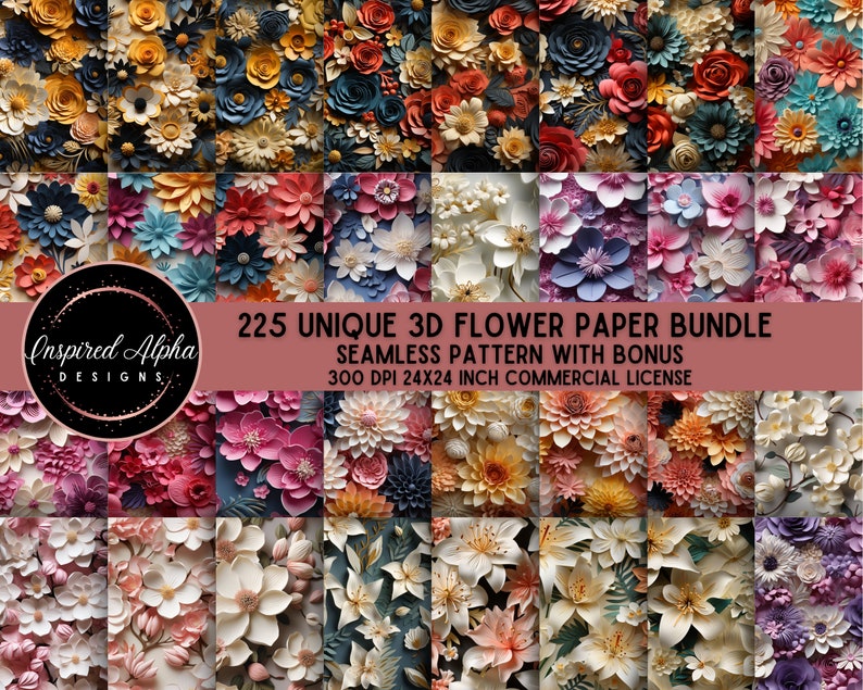 3D Floral Digital Paper: Seamless Flower Designs (24x24" PNG ...