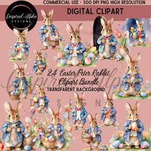 Watercolor Easter Peter Rabbit Clipart Bundle of 24 Designs | High-res ...