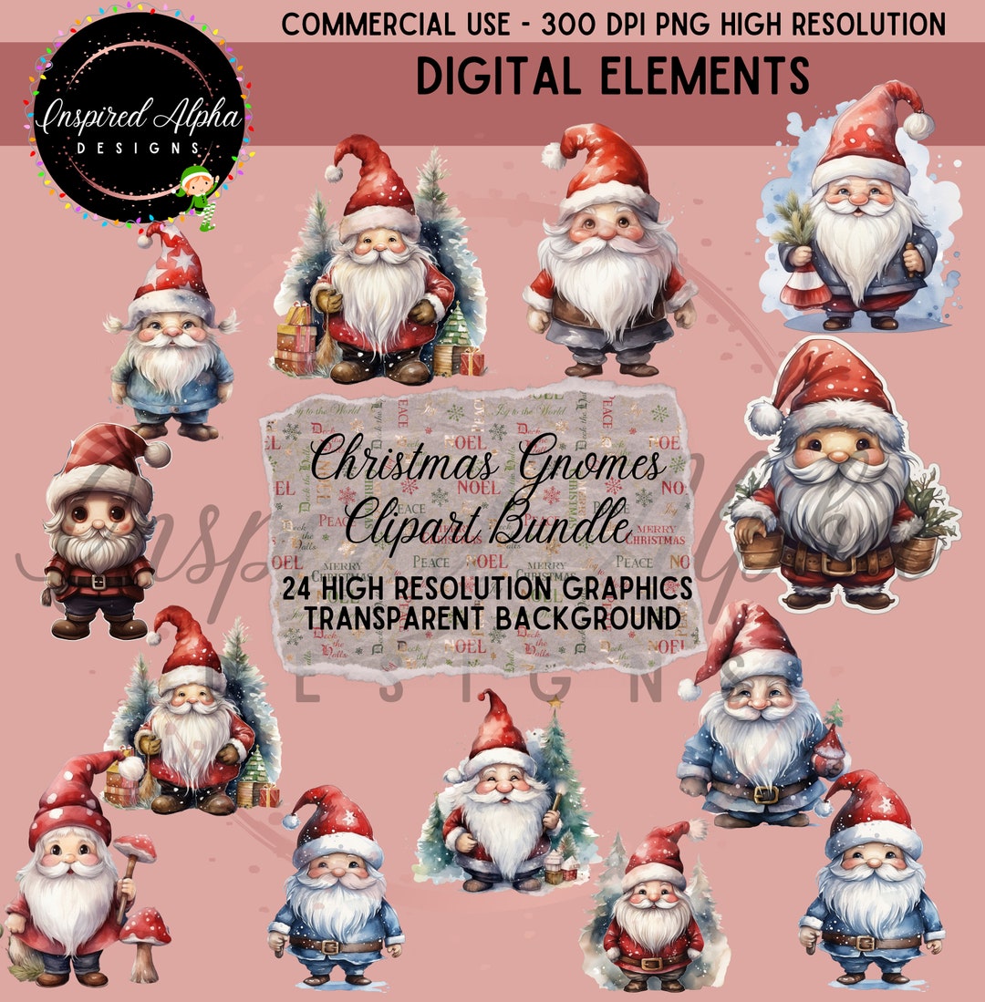 Watercolor Christmas Gnomes Clipart Bundle - 24 Unique Designs, High ...