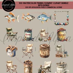 Watercolor Fishing Gear Clipart Bundle | 100 Rustic Outdoor ...