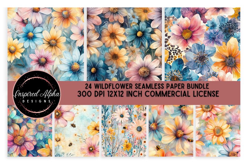 Watercolor Wildflower Digital Paper: Seamless Floral PNG Bundle ...