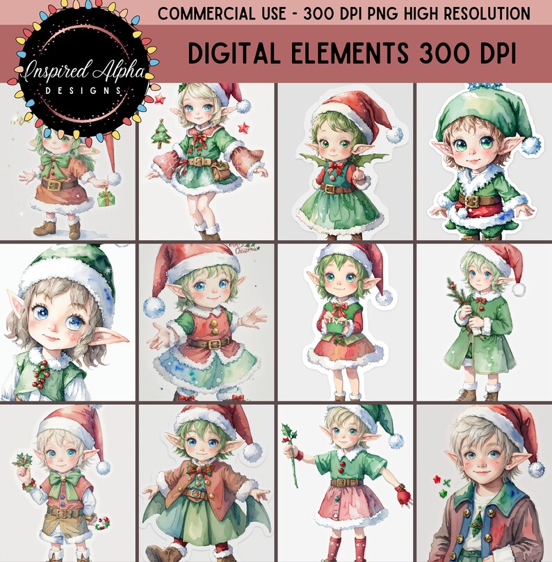 Watercolor Christmas Elf Clipart Bundle 100+ PNG Files, Commercial ...