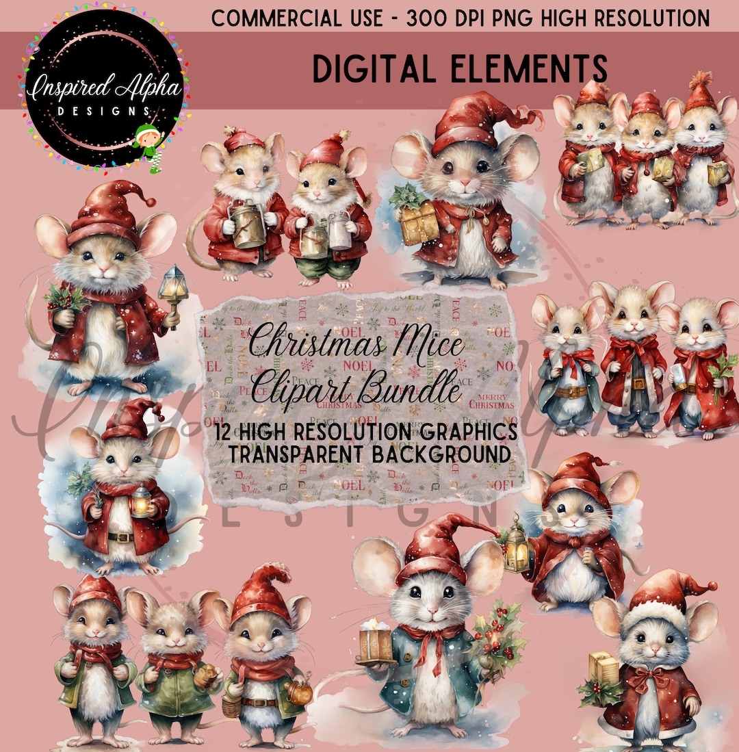 Watercolor Christmas Mice Clipart Bundle: High-resolution PNG (digital ...