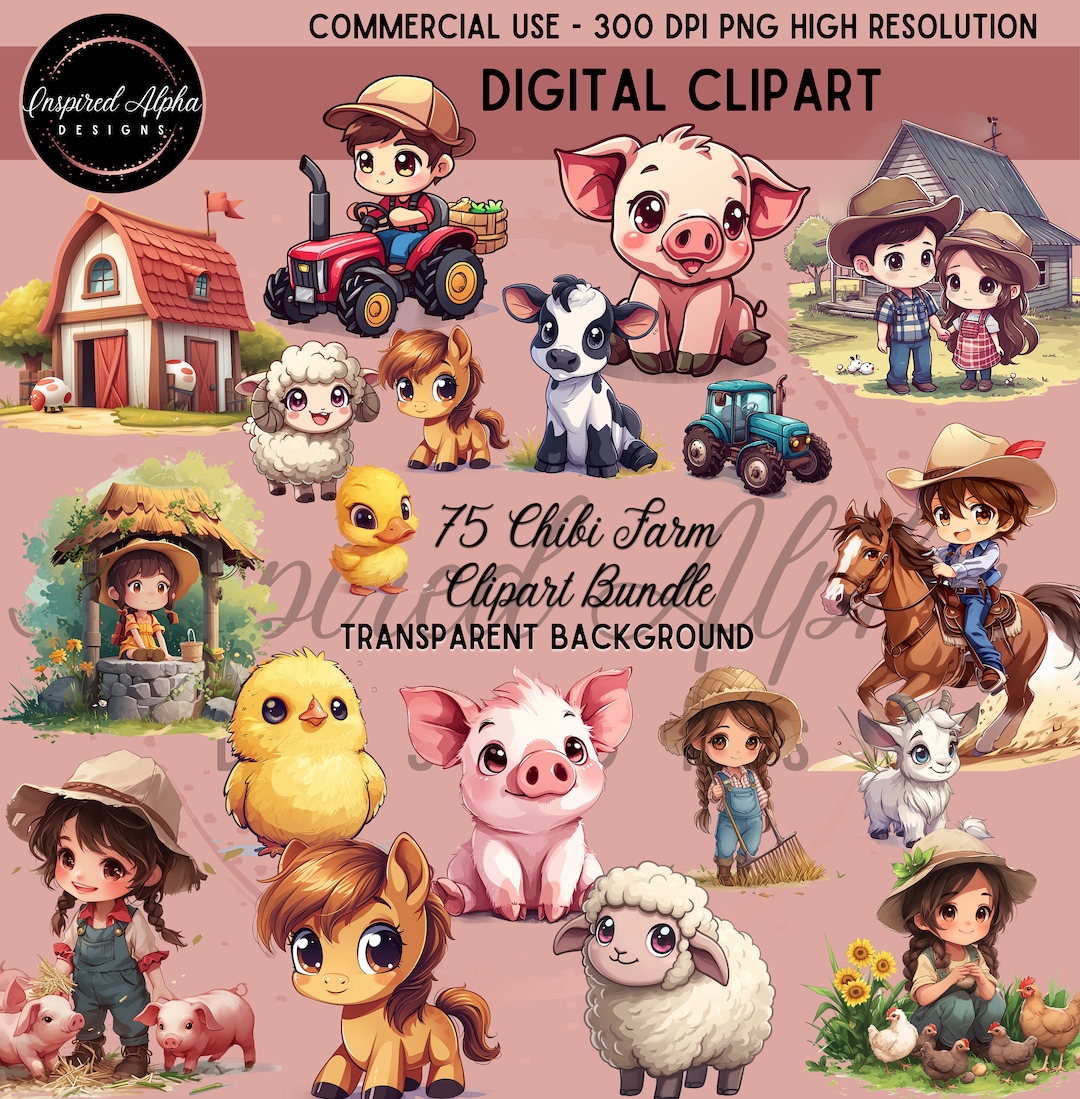 Chibi Farm Clipart Bundle: 75+ Cartoon Farm Animal Designs (digital ...