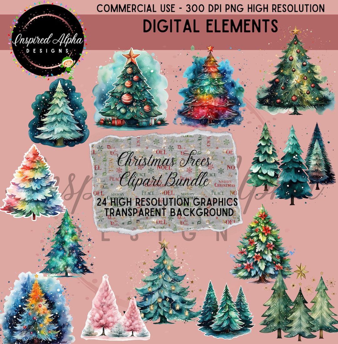 Watercolor Christmas Tree Clipart Bundle - 24 Unique Designs, High ...